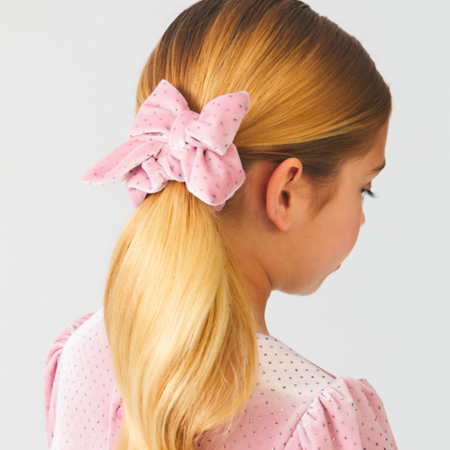 Rose Pink Glitter Velvet Bow Scrunchie – K&K's Giving Tree
